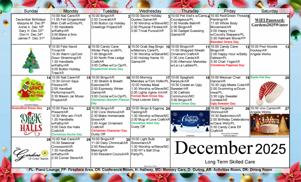 Long-Term Care Activity Calendar | The Gardens of Cedar Rapids